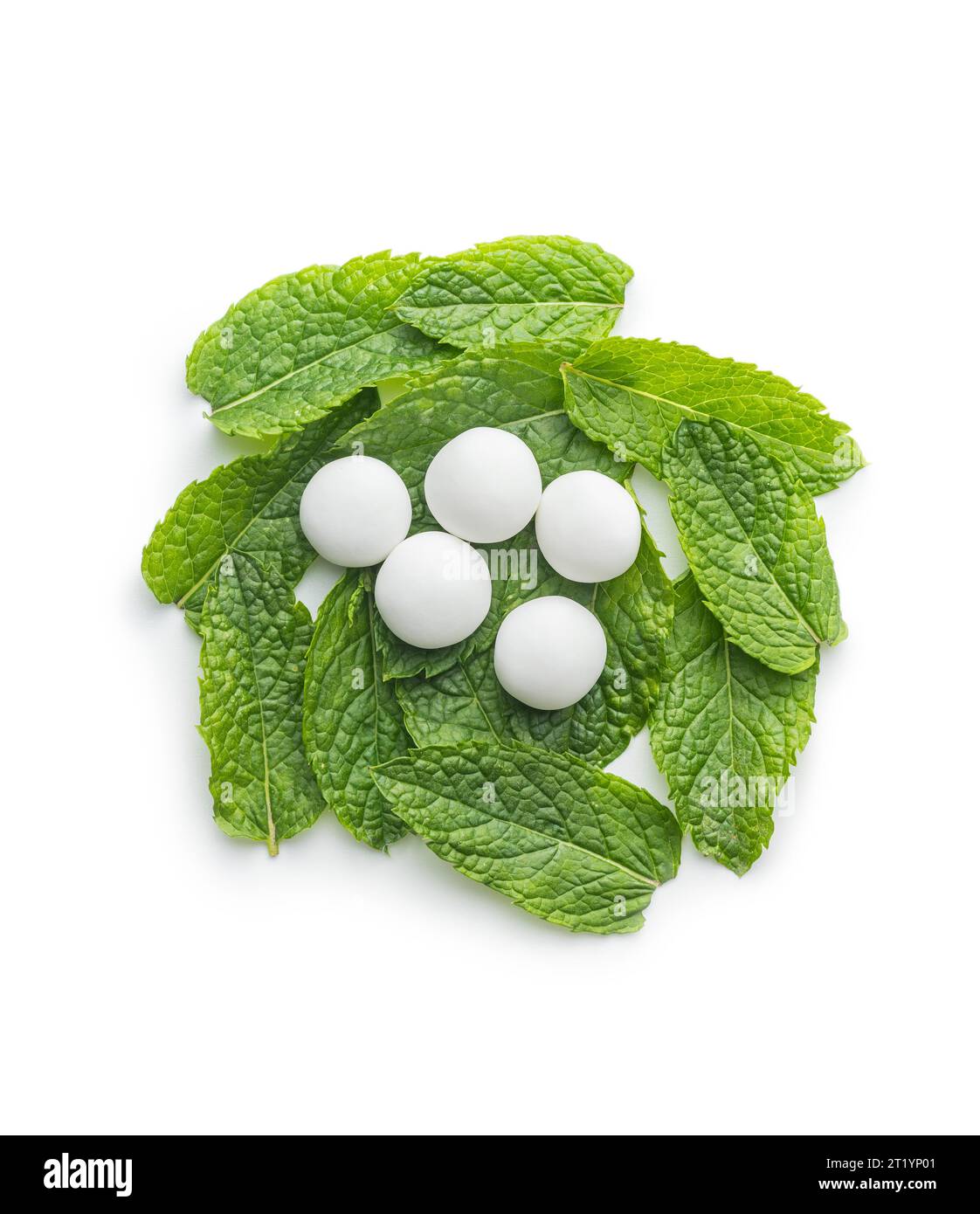 Mint candies. Menthol bonbons and mint leaves isolated on the white ...