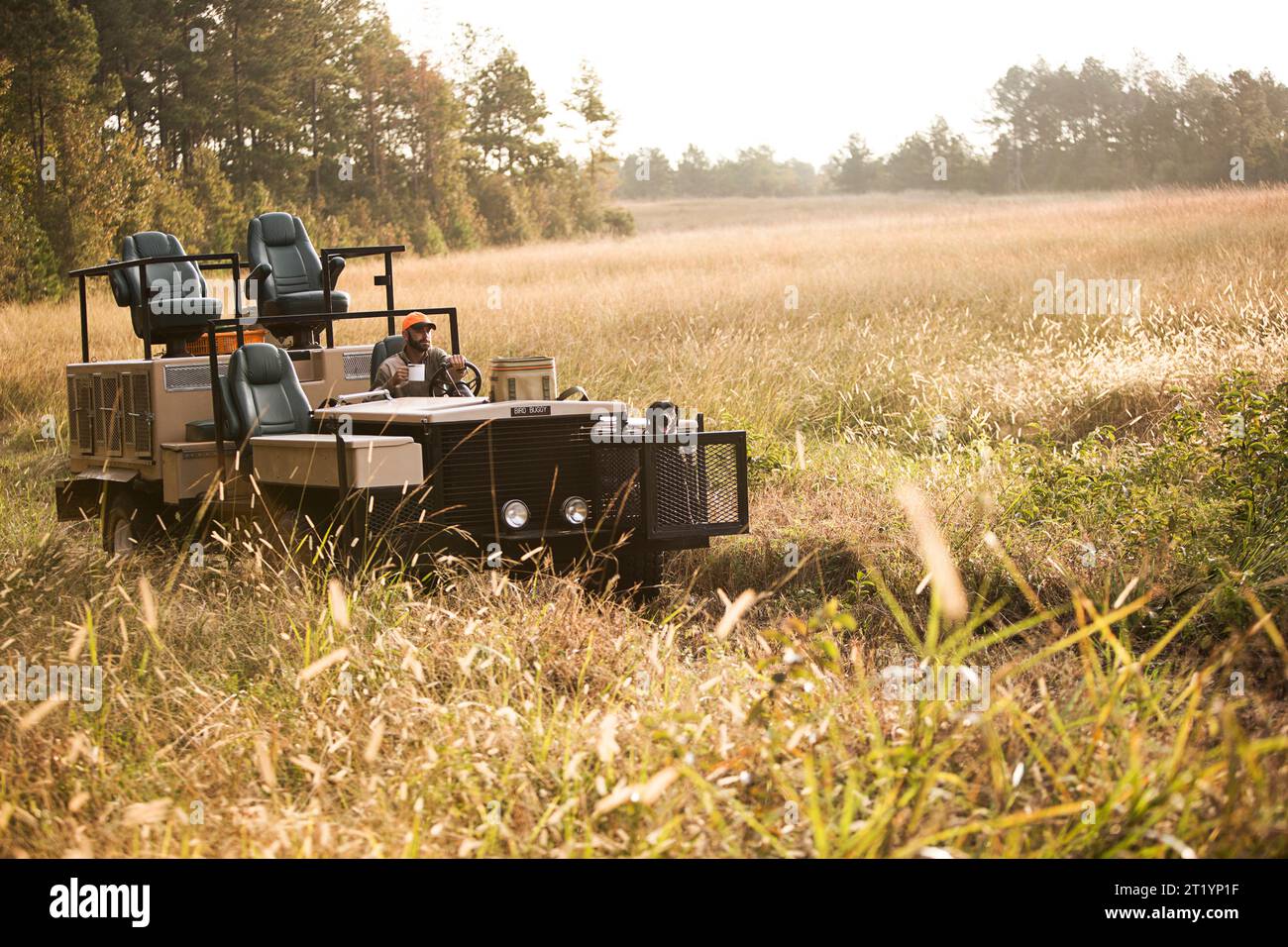 Bird hunter in hunting vehicle, Bear Creek Reserve, Georgia, USA Stock ...