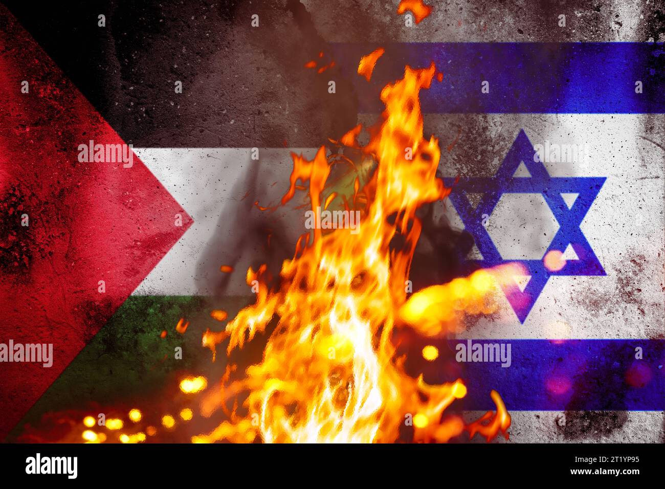 16 October 2023: Fire and flames in front of Broken stone wall with ...