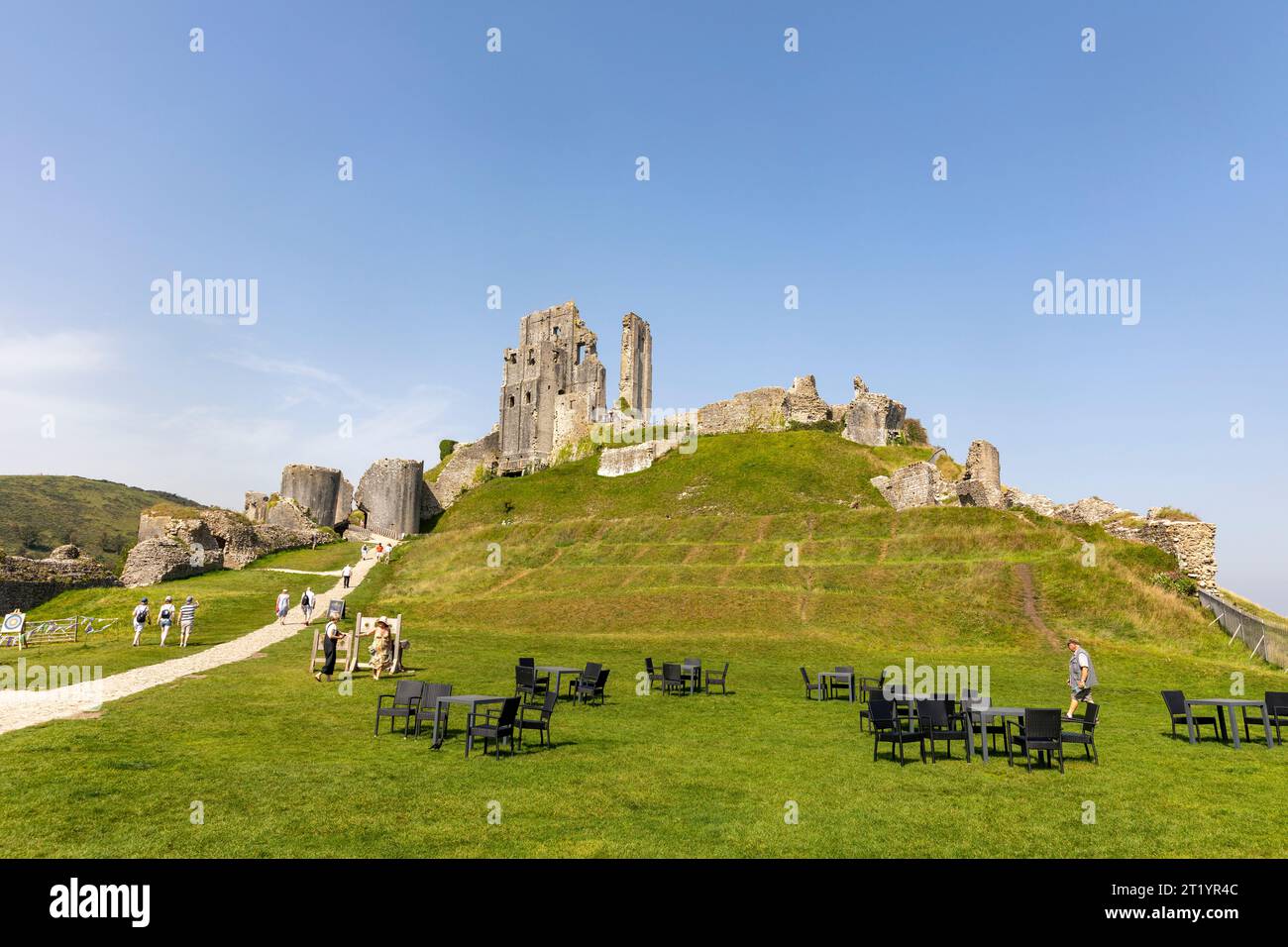 Corfe Castle stone ruins on the Isle of Purbeck in Dorset, an 11th ...