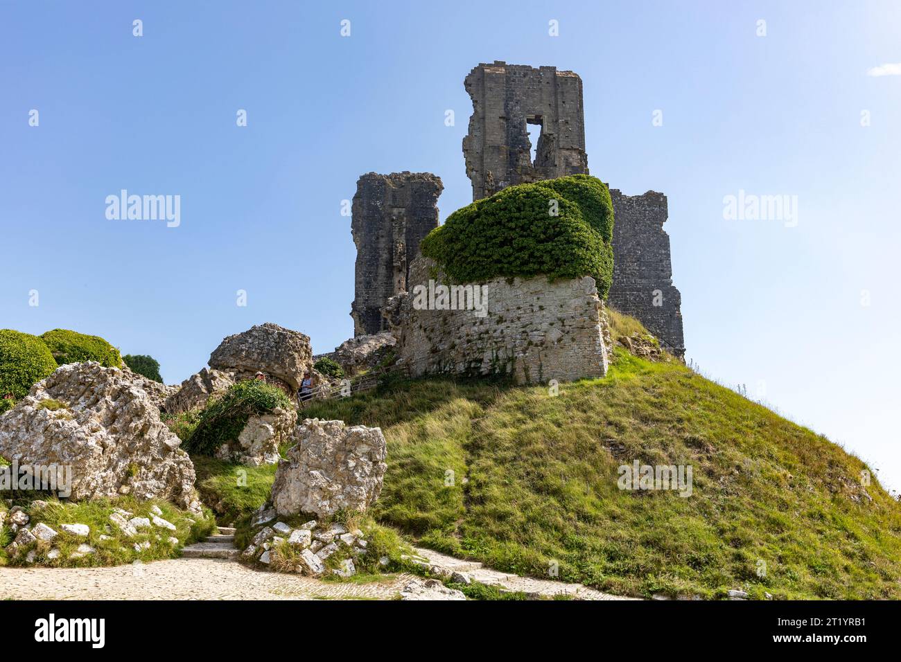 Corfe Castle stone ruins on the Isle of Purbeck in Dorset, an 11th ...