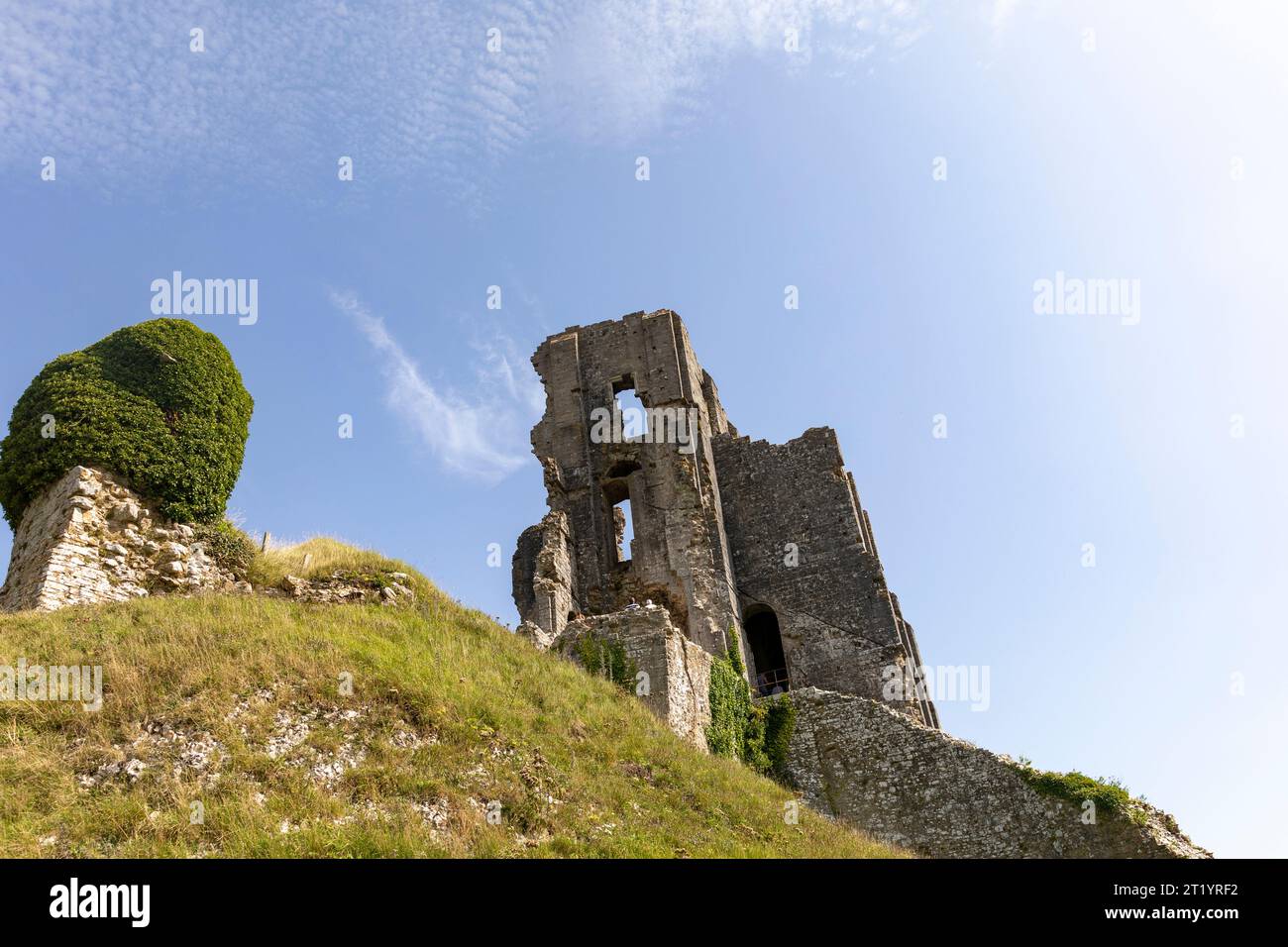 Corfe Castle stone ruins on the Isle of Purbeck in Dorset, an 11th ...