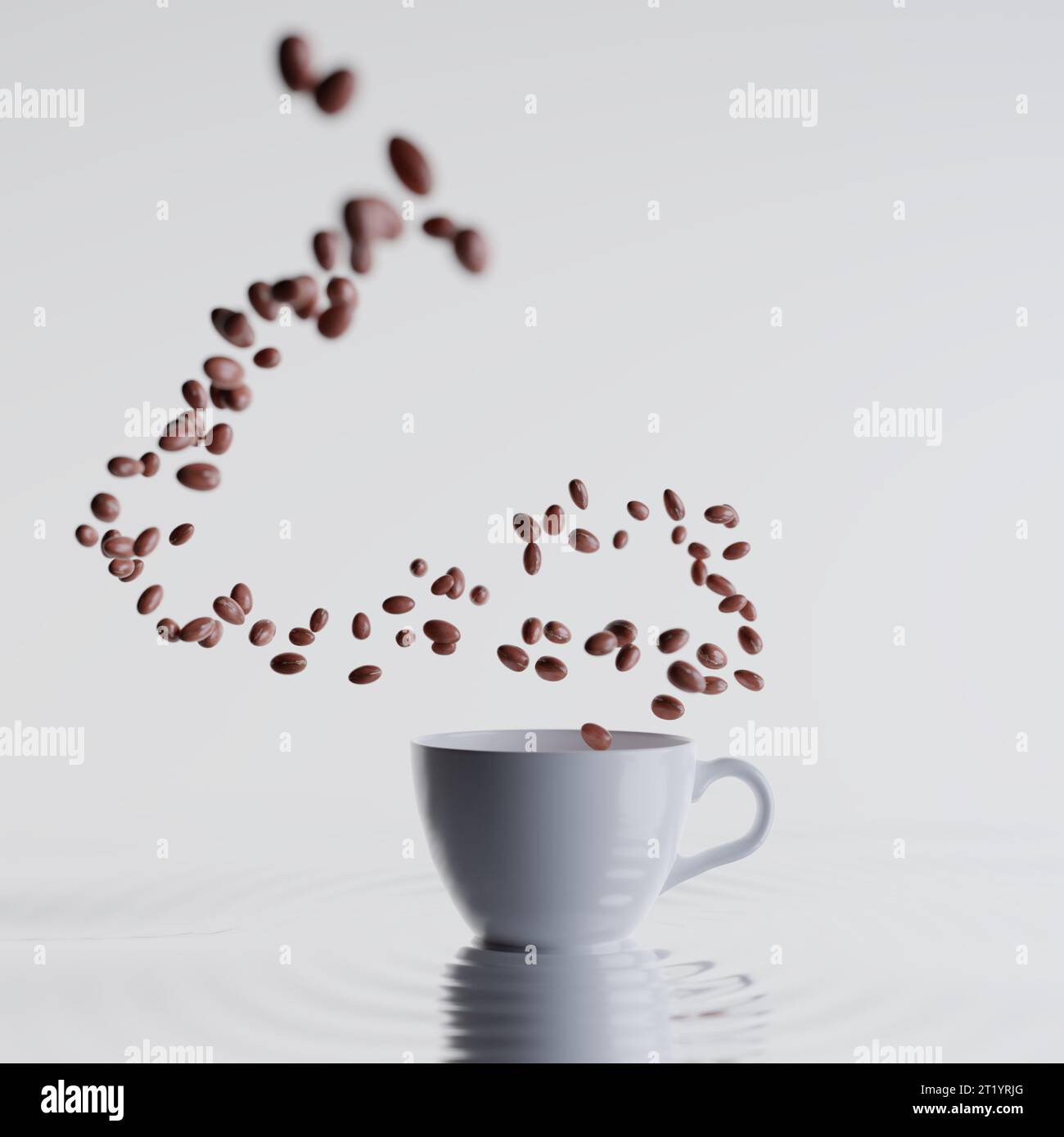 Coffee mug on a wet table, coffee beans falling inside the mug on a ...