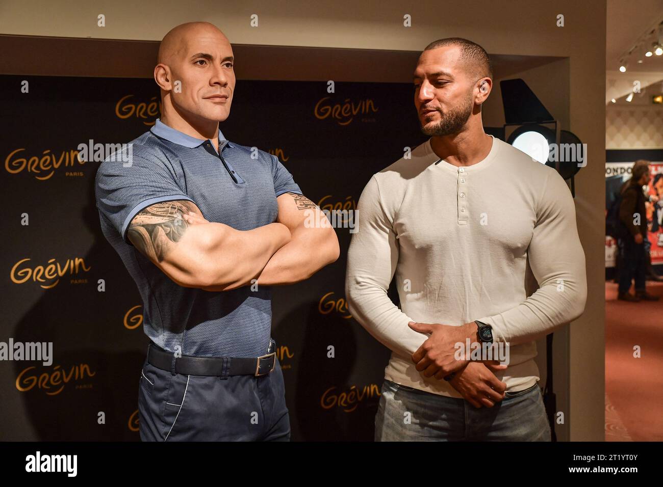 Paris, France. 16th Oct, 2023. Model Sebastien Baptiste (R) poses next ...