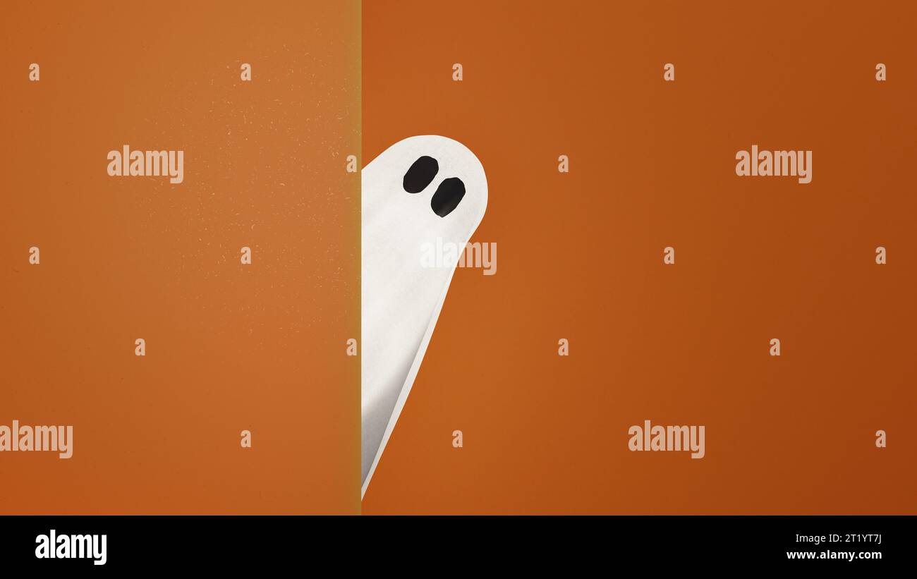 White ghost peeks out from behind wall. Cute ghost peeping Halloween ...