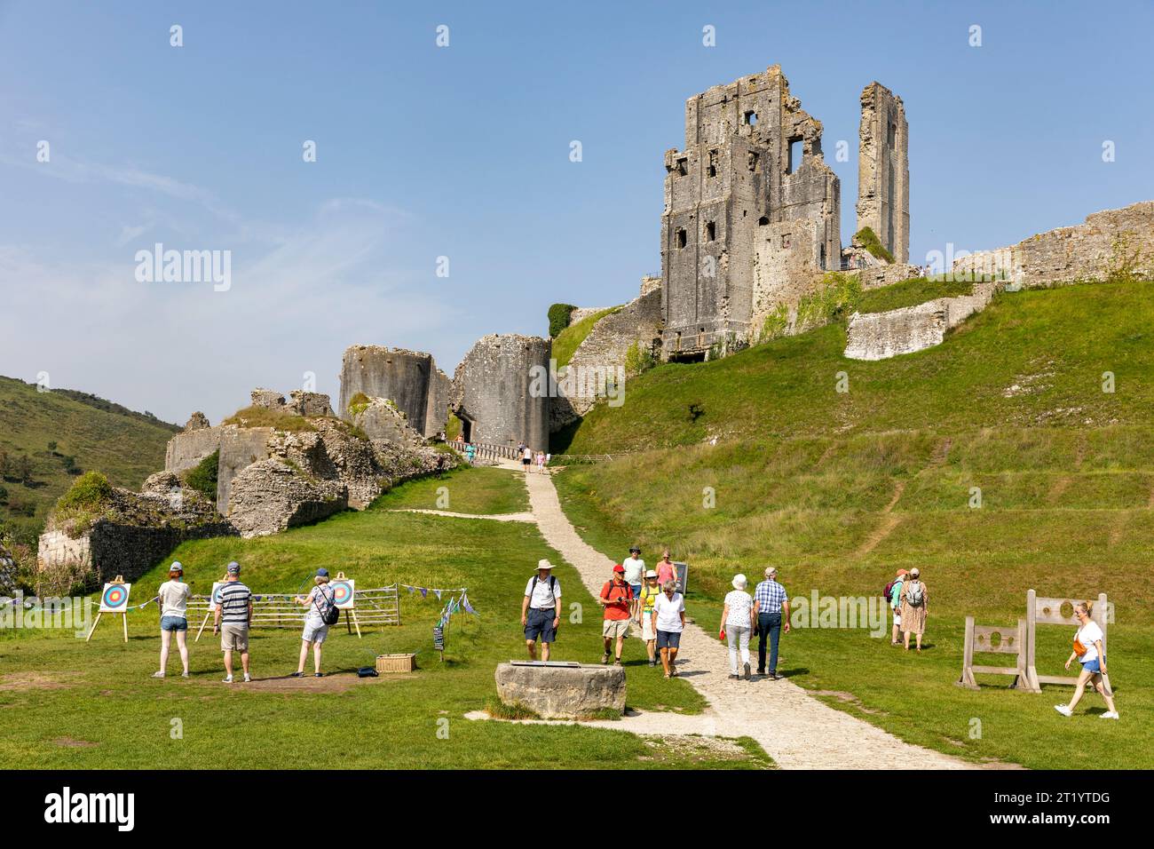 Corfe Castle stone ruins on the Isle of Purbeck in Dorset, an 11th ...