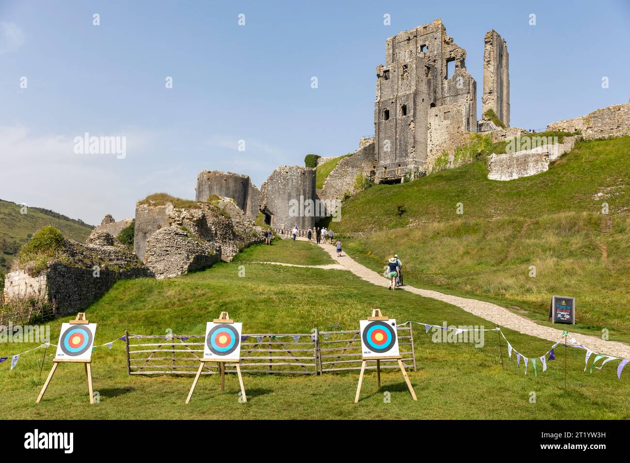 Corfe Castle 11th century castle and its ruins, archery target boards ...
