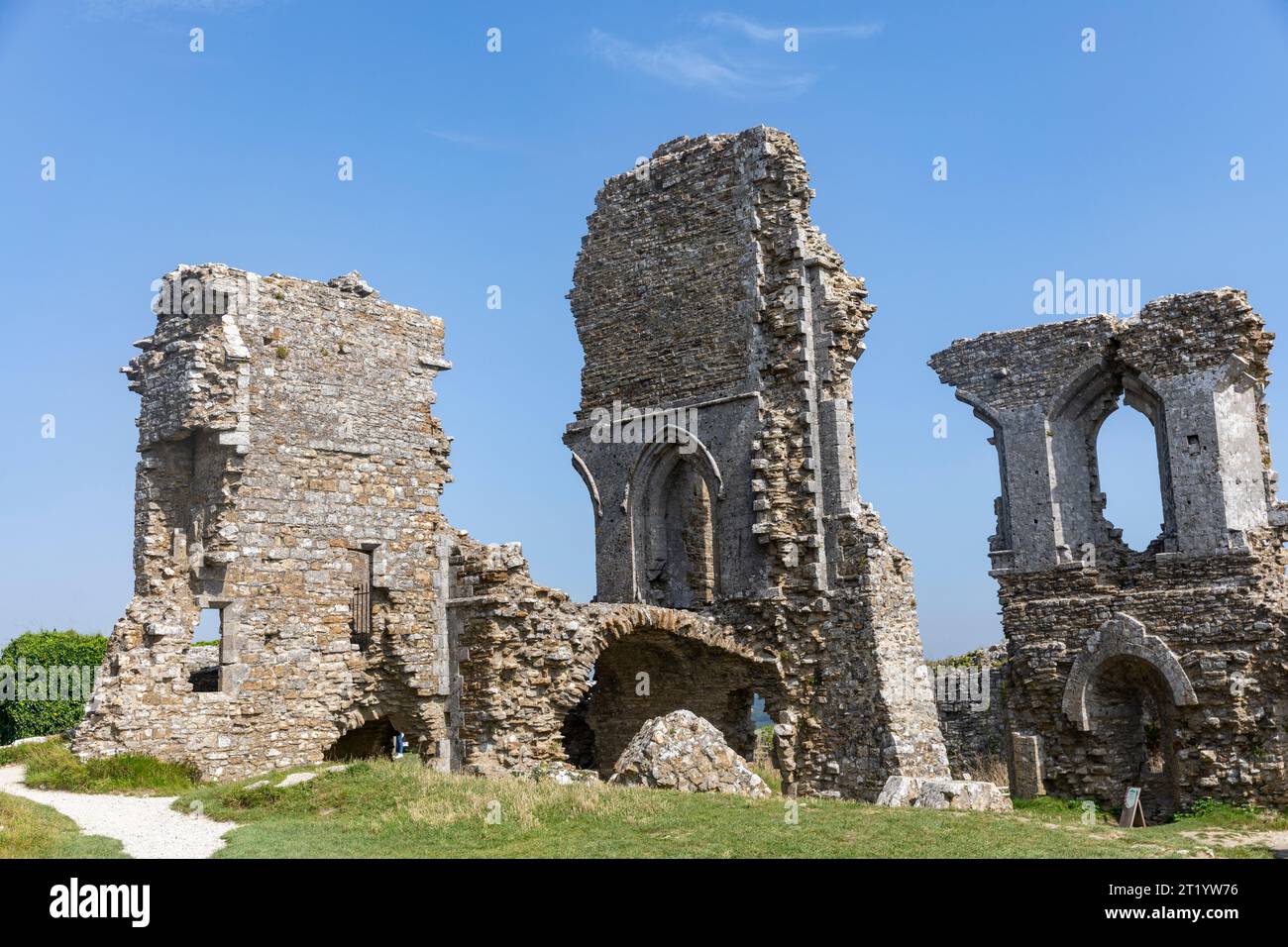 Corfe Castle stone ruins on the Isle of Purbeck in Dorset, an 11th ...