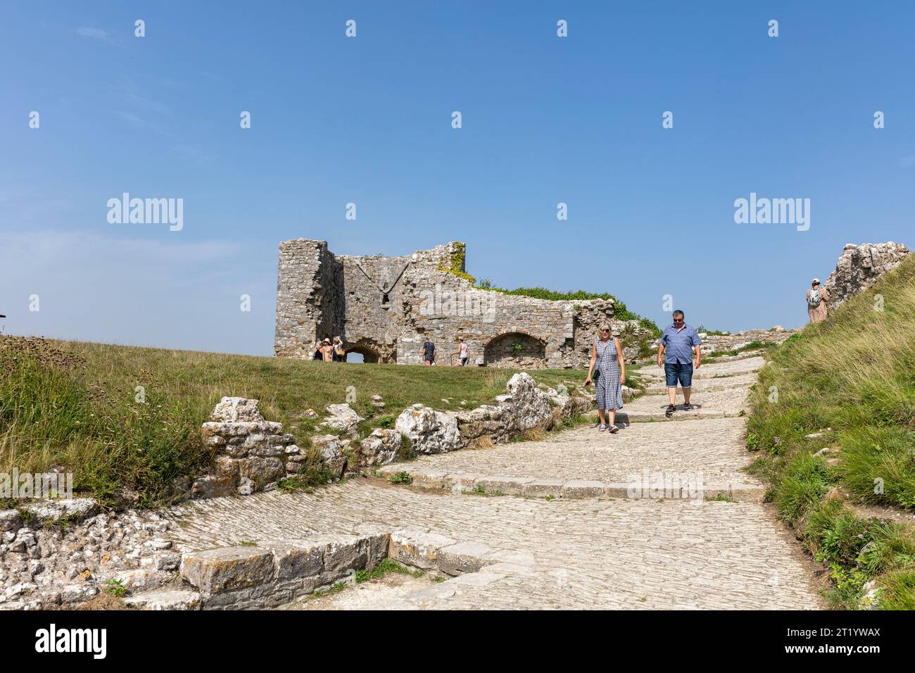 Corfe Castle stone ruins on the Isle of Purbeck in Dorset, an 11th ...