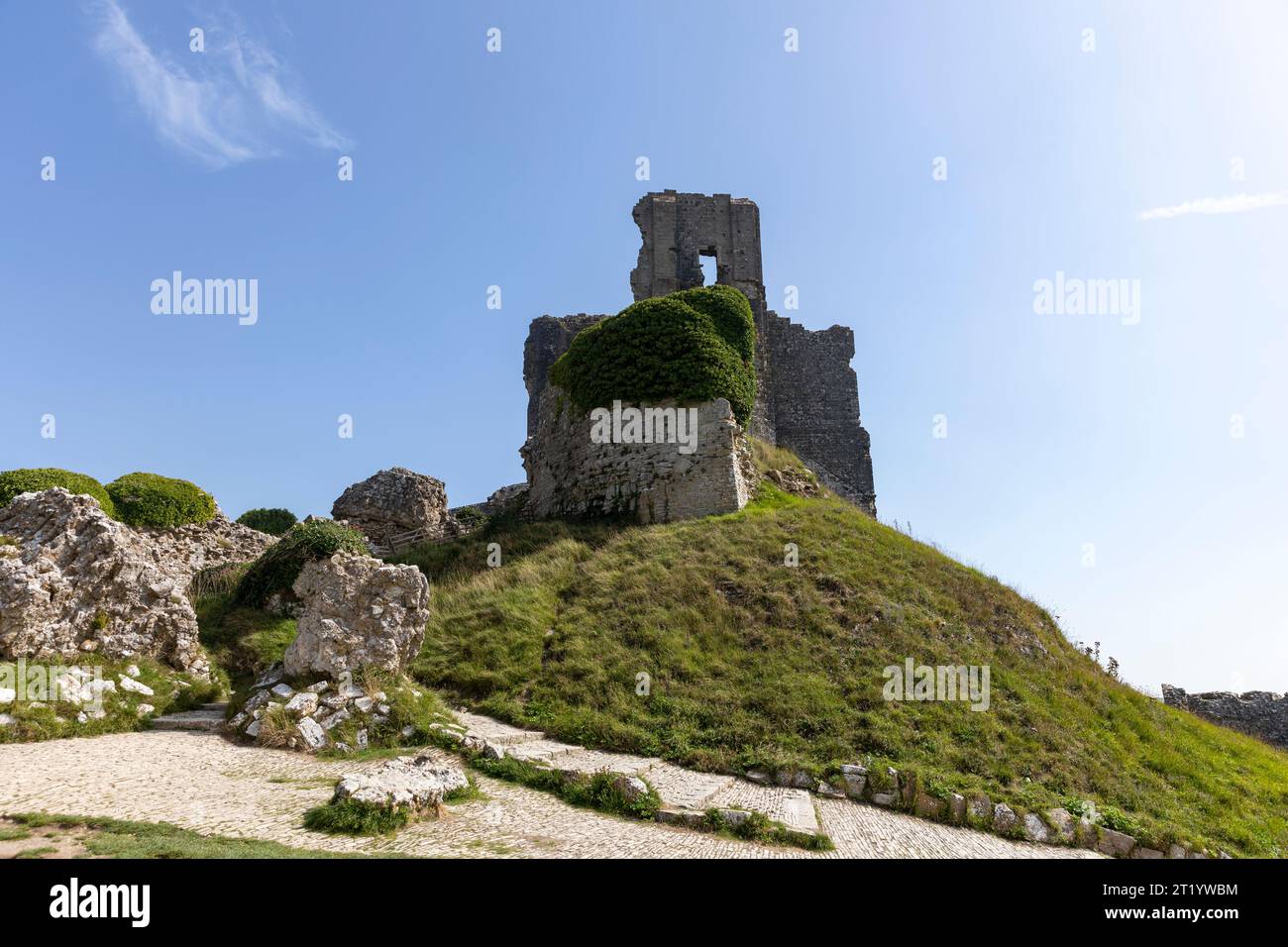 Corfe Castle stone ruins on the Isle of Purbeck in Dorset, an 11th ...