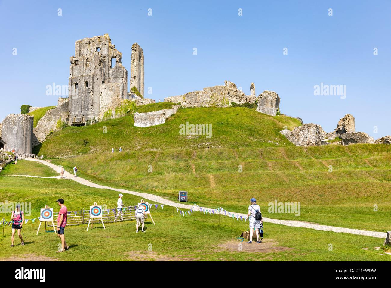 Corfe Castle stone ruins on the Isle of Purbeck in Dorset, an 11th ...