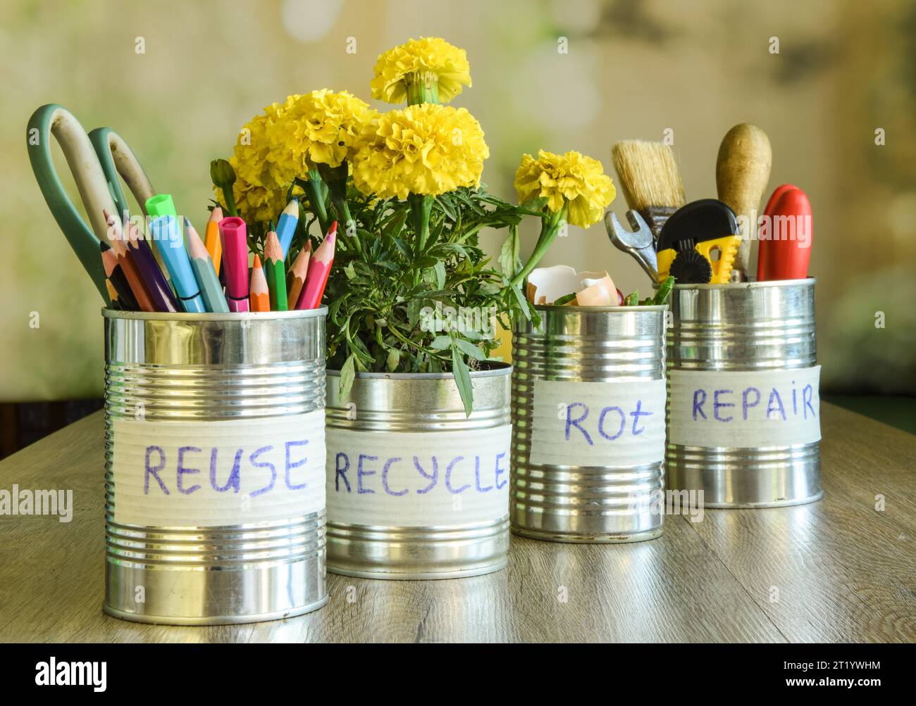 Upcycling concept. Using cans on different purposes at domestic life ...