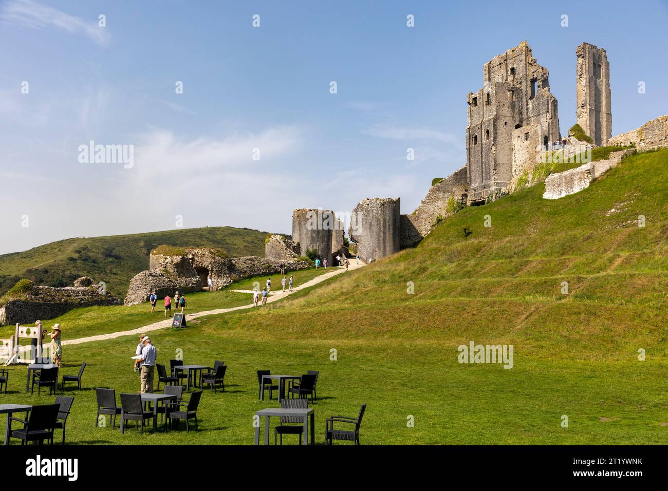 Corfe Castle stone ruins on the Isle of Purbeck in Dorset, an 11th ...