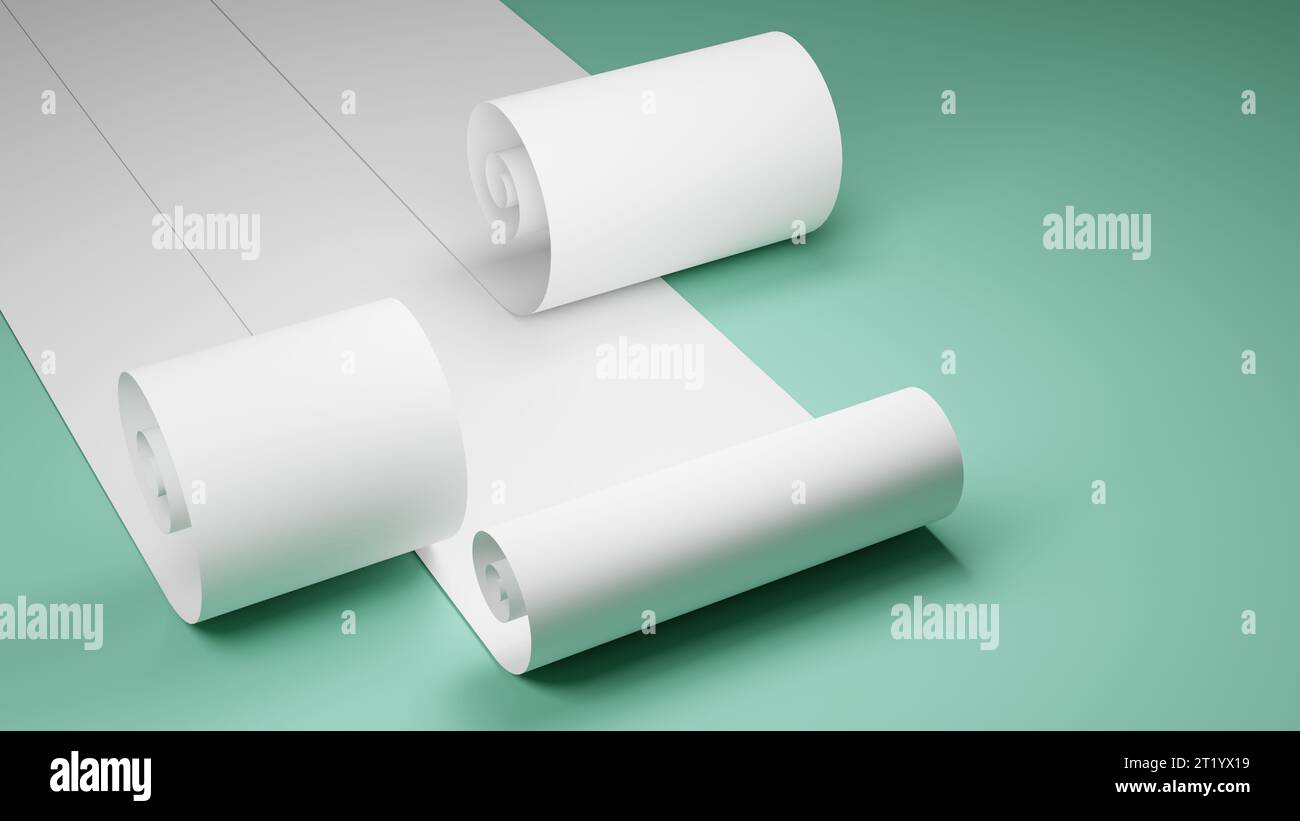 3D rendering of twisted paper strips, unfolded rolls of wallpaper ...