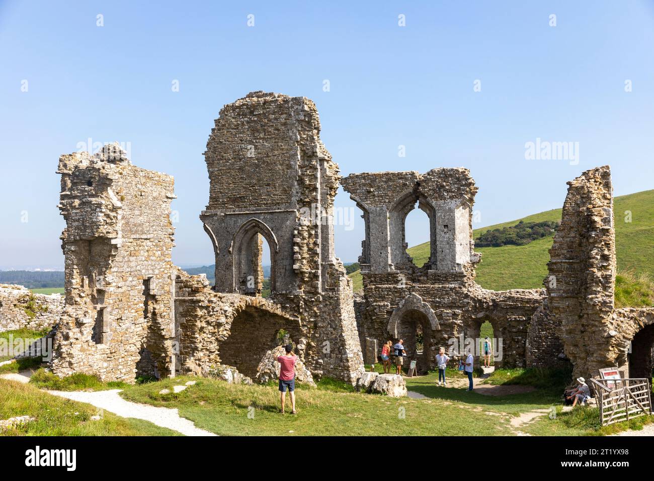 Corfe Castle stone ruins on the Isle of Purbeck in Dorset, an 11th ...
