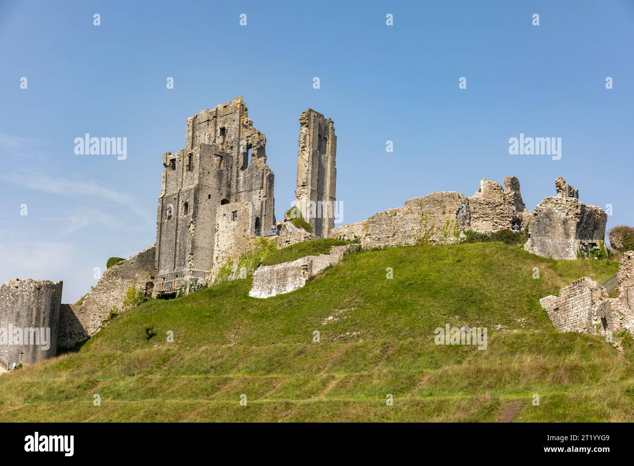 Corfe Castle stone ruins on the Isle of Purbeck in Dorset, an 11th ...