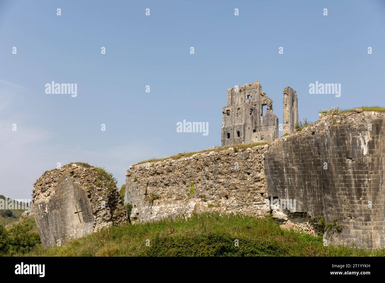 Corfe Castle stone ruins on the Isle of Purbeck in Dorset, an 11th ...