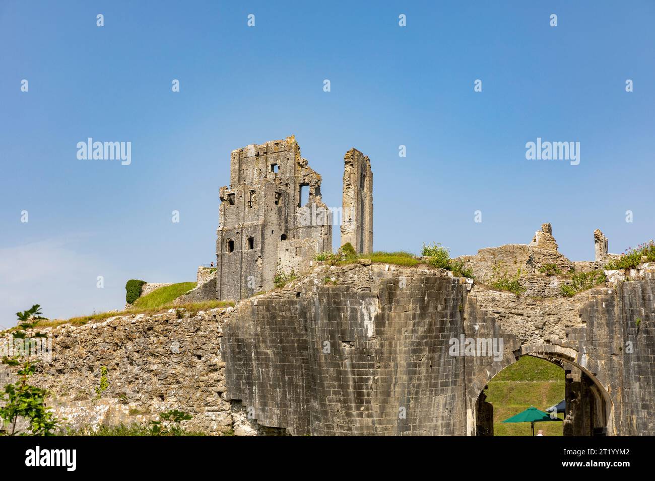 Corfe Castle stone ruins on the Isle of Purbeck in Dorset, an 11th ...