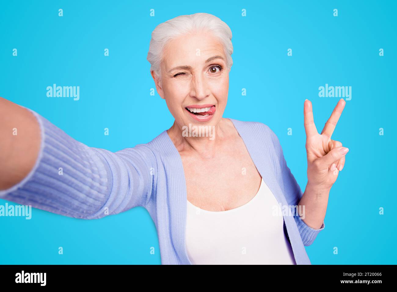 Self Portrait Of Gray Haired Old Nice Beautiful Cheerful Funny Smiling