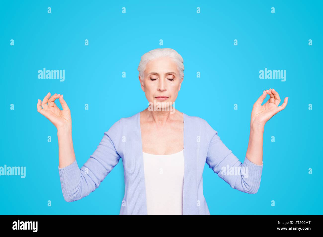 Beautiful nice gray-haired old peaceful lady wearing casual, closed ...