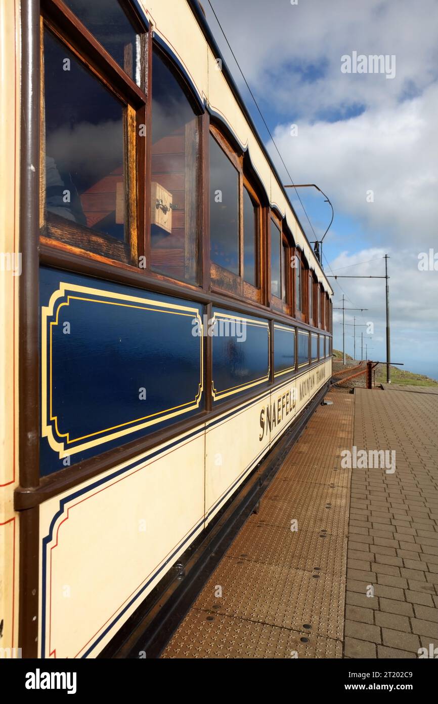 Snaefell Mountain Railway tram at Snaefell station, Isle of Man Stock ...