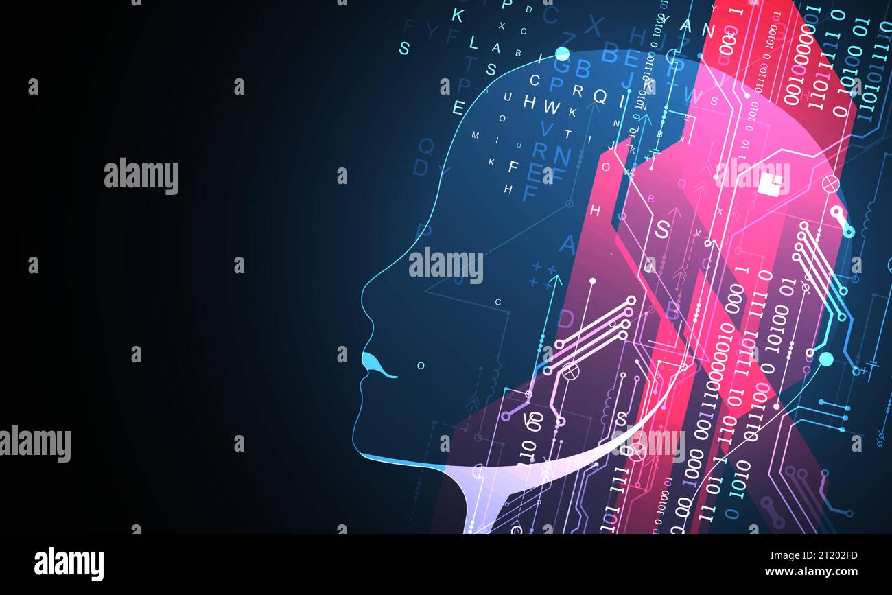 Artificial Intelligence. Technical background with a silhouette of a man. Big data concept ...