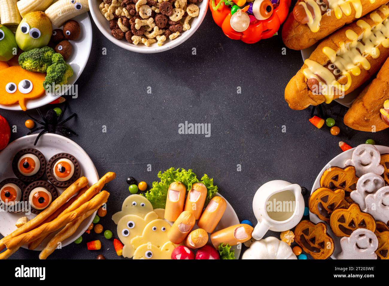 Halloween monster food and snack assortment. Set of funny creative food ...