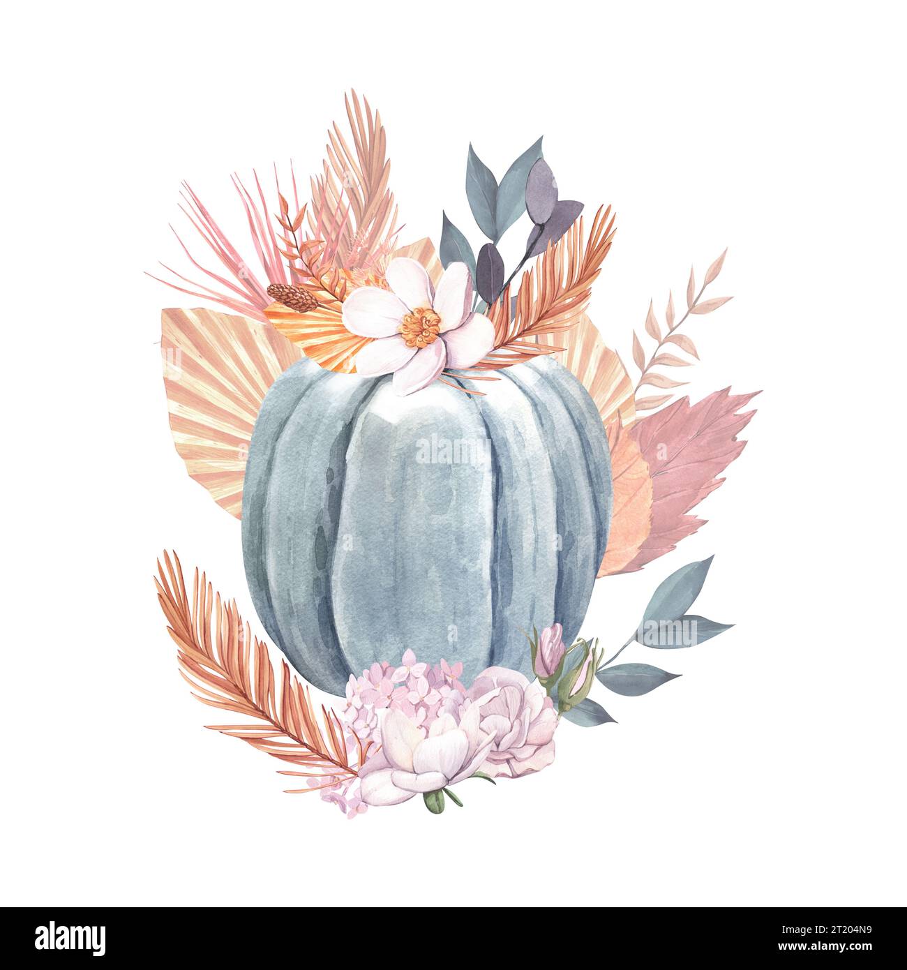 Watercolor whole fresh blue pumpkin and flowers. Hand-drawn ...