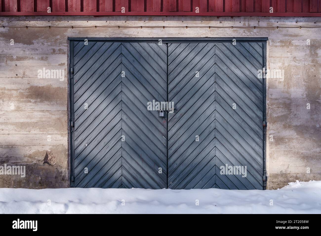 Blue wooden basement doors with a lock in winter Stock Photo - Alamy
