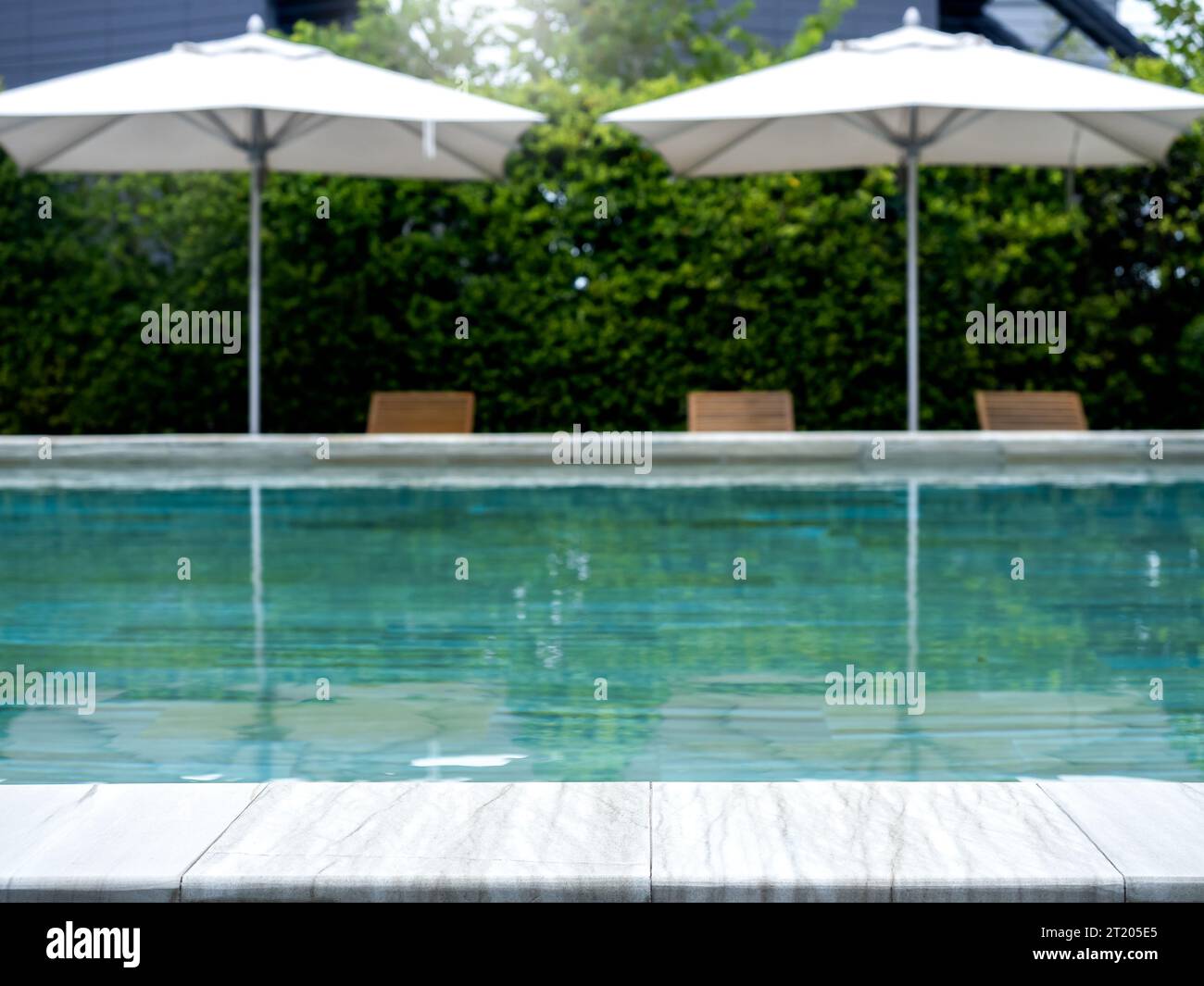 Summer pool background. Empty space on the pool edge, marble stone ...