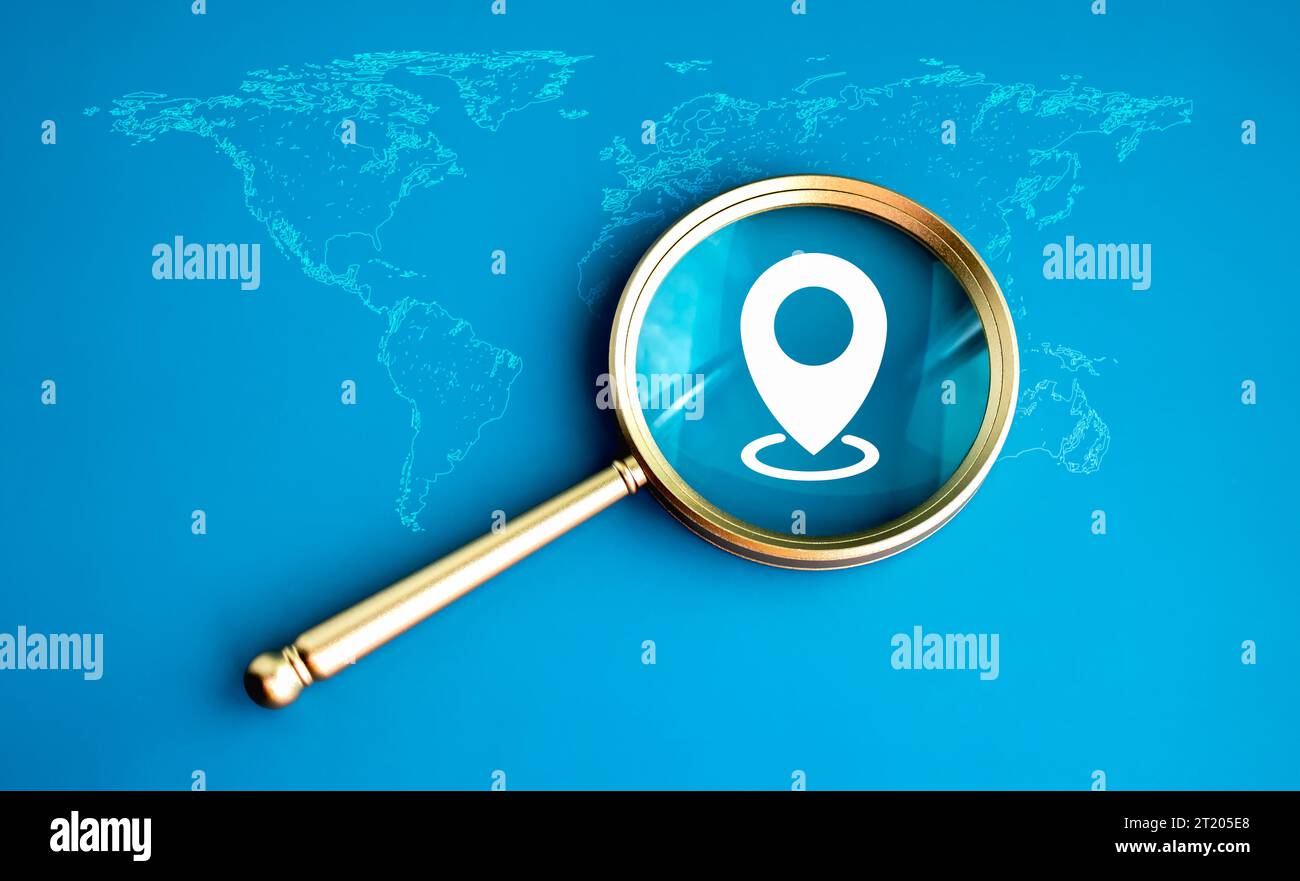Location, pin point icon in luxury gold magnifying glass lens on world ...