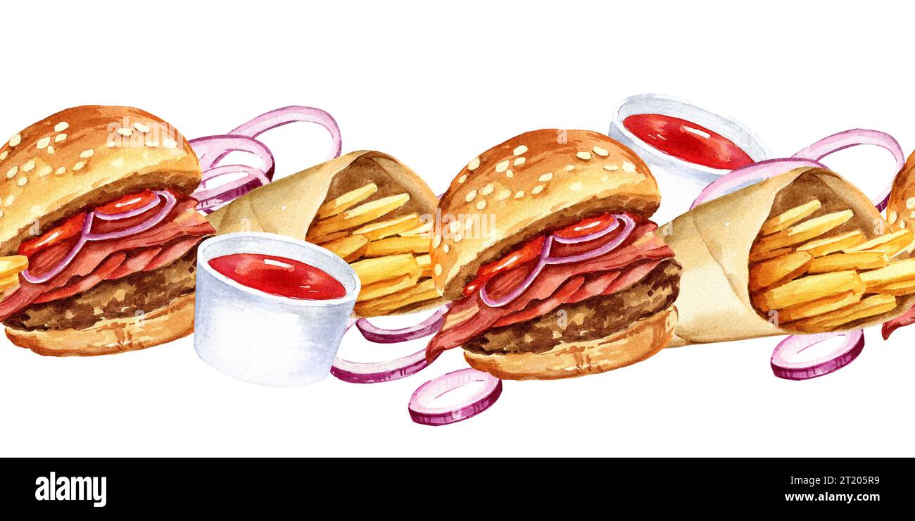 watercolor seamless border with fast food, hand drawn illustration of ...