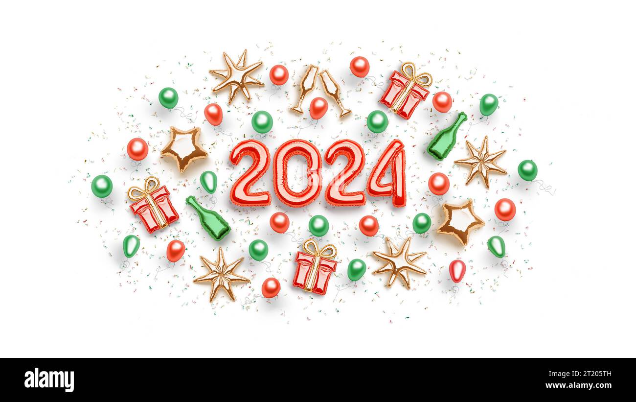 Decorative inflated foil balloon 2024 numbers, christmas font mockup ...