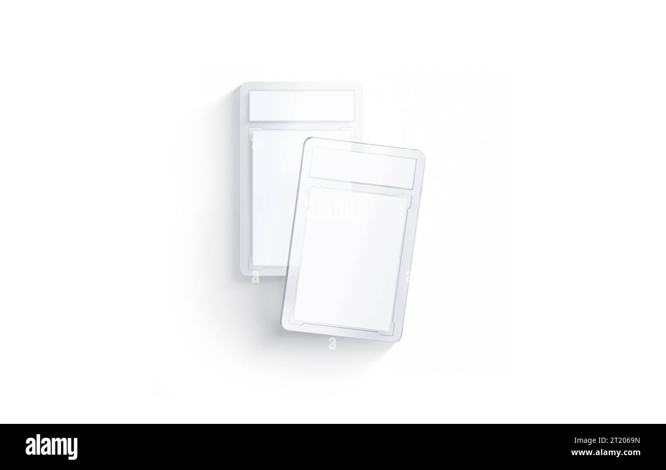 Blank transparent plastic trading card mockup stack, top view, 3d ...