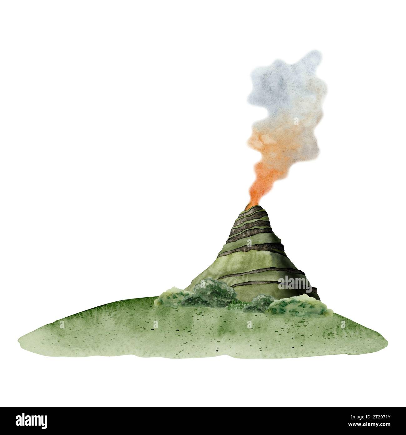 Wild nature landscape with active volcano with smoke, green hill and ...