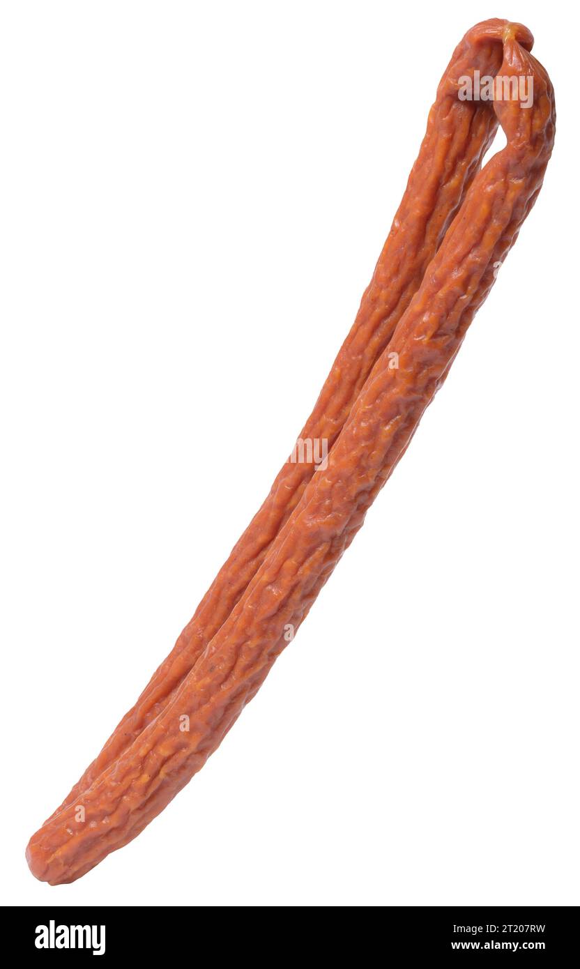 Traditional Polish thin smoked sausages on a white isolated background ...