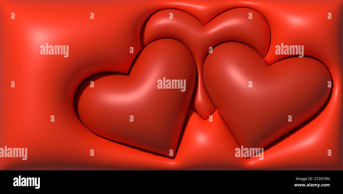 Three red inflated hearts on a red background, 3D rendering ...