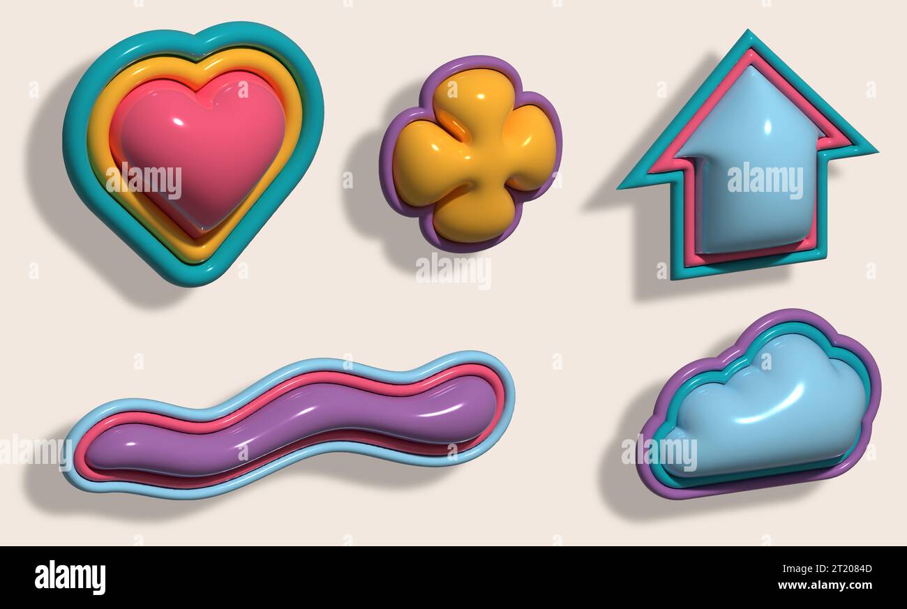 Cloud, heart and other inflated figures on a beige background. 3D rendering illustration Stock ...