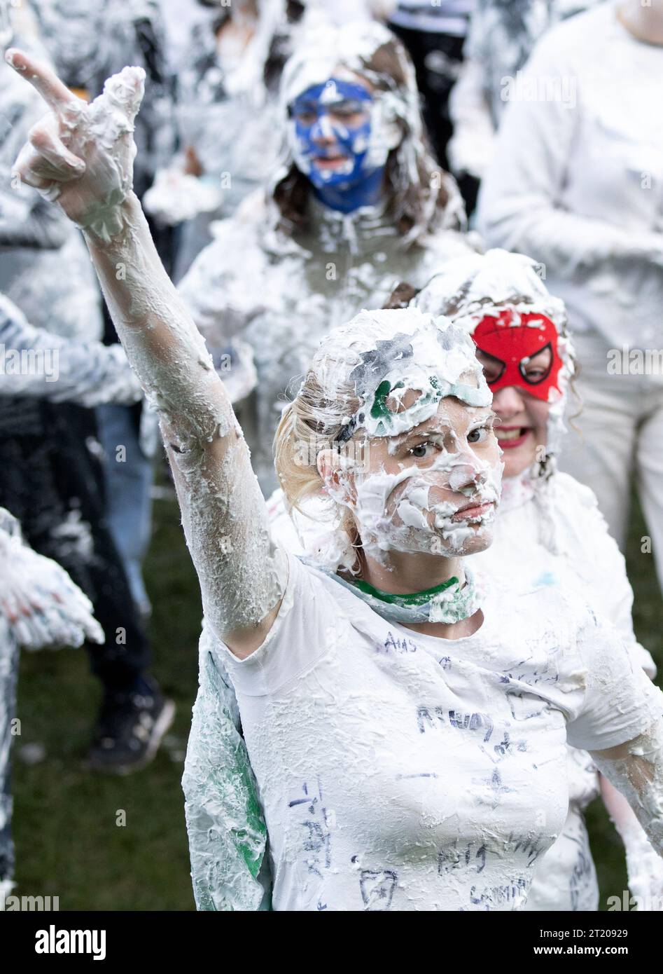 Students take part in the traditional Raisin Monday foam fight on St ...