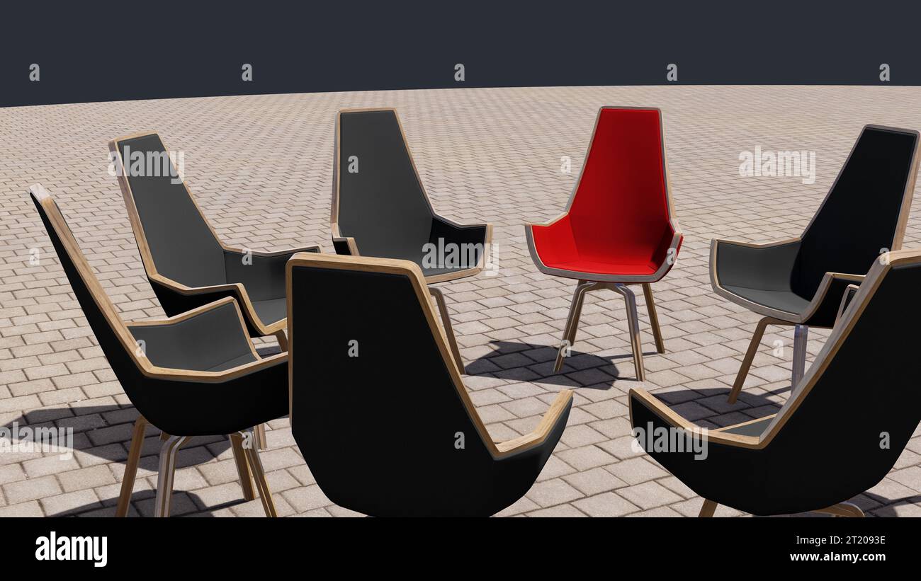 Concept, conceptual red chair standing out in a meeting on a brown ...