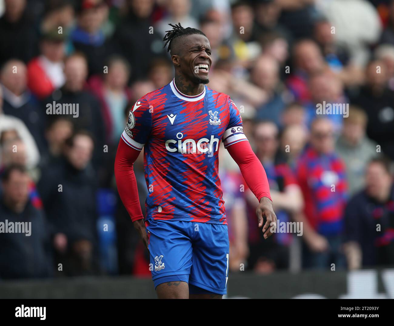 Wilfried Zaha of Crystal Palace in pain holding his hamstring as he is ...