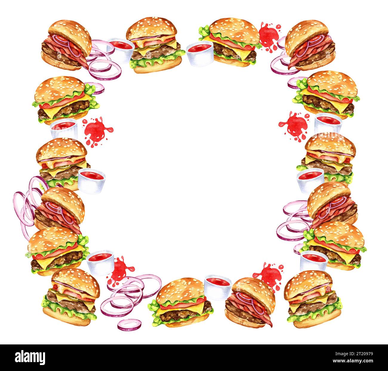 watercolor square border with different tasty burgers, onion, souse ...