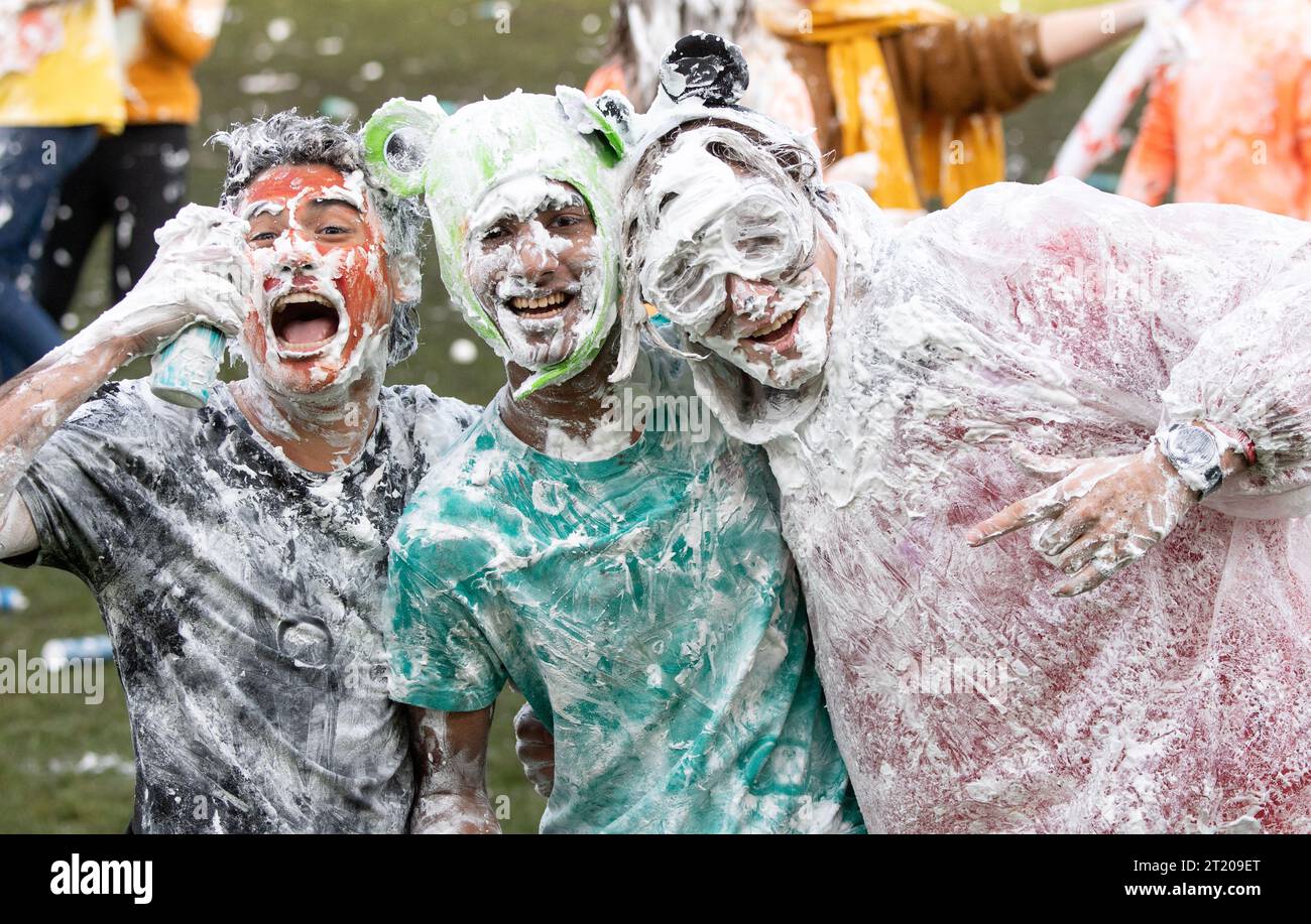 Students take part in the traditional Raisin Monday foam fight on St ...
