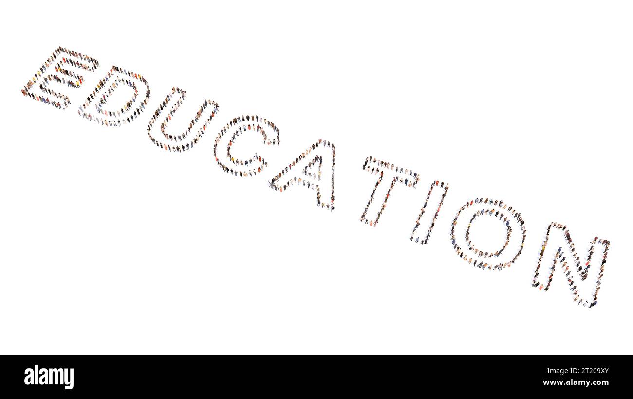 Conceptual large community of people forming the word EDUCATION. 3d ...