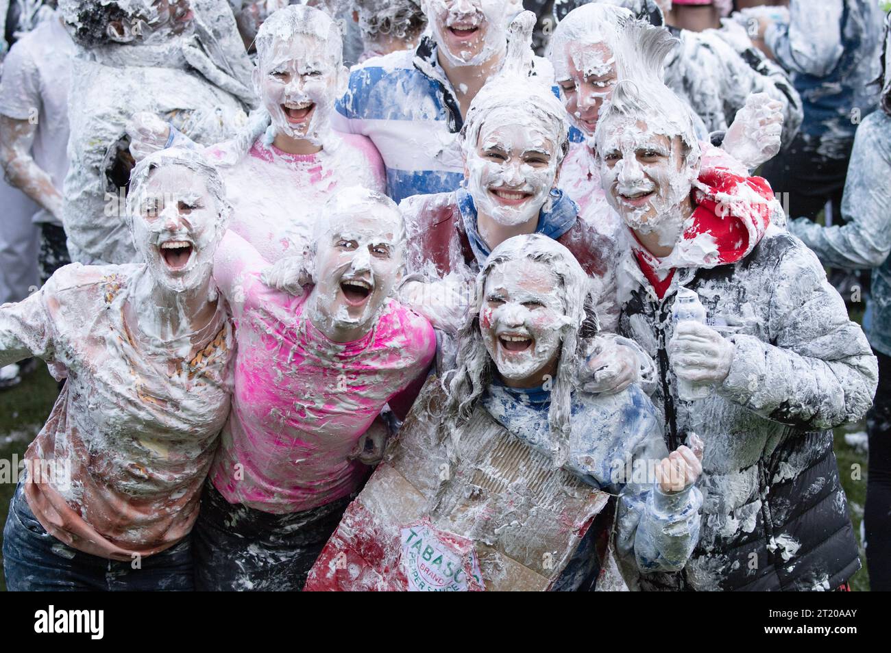 Students take part in the traditional Raisin Monday foam fight on St ...