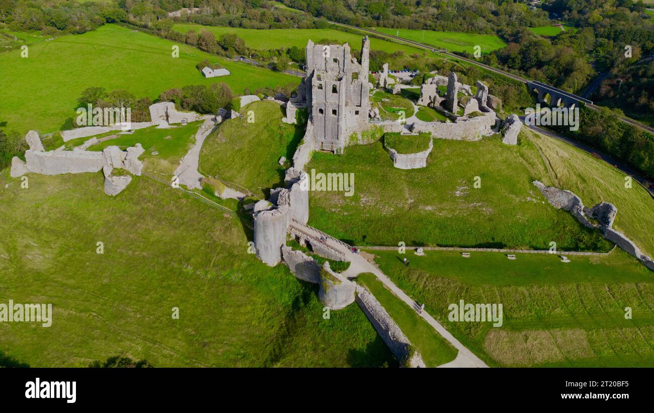 Aerial view of Corfe Castle Stock Photo - Alamy