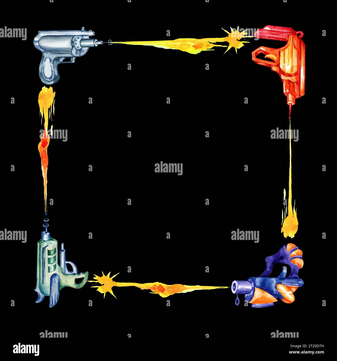 watercolor hand drawn square frame with toy guns, fantastic weapons ...