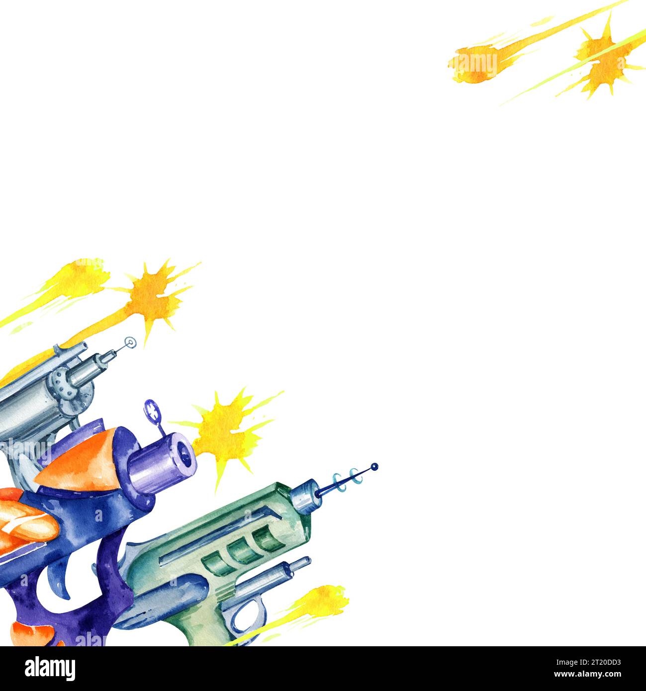 watercolor hand drawn square frame with toy guns, fantastic weapons ...
