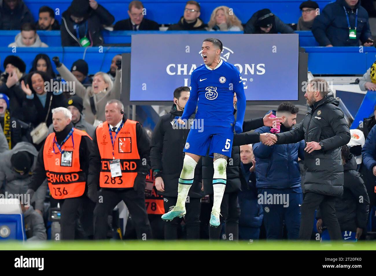 Enzo Fernandez of Chelsea celebrates at fulltime- Chelsea v Borussia ...