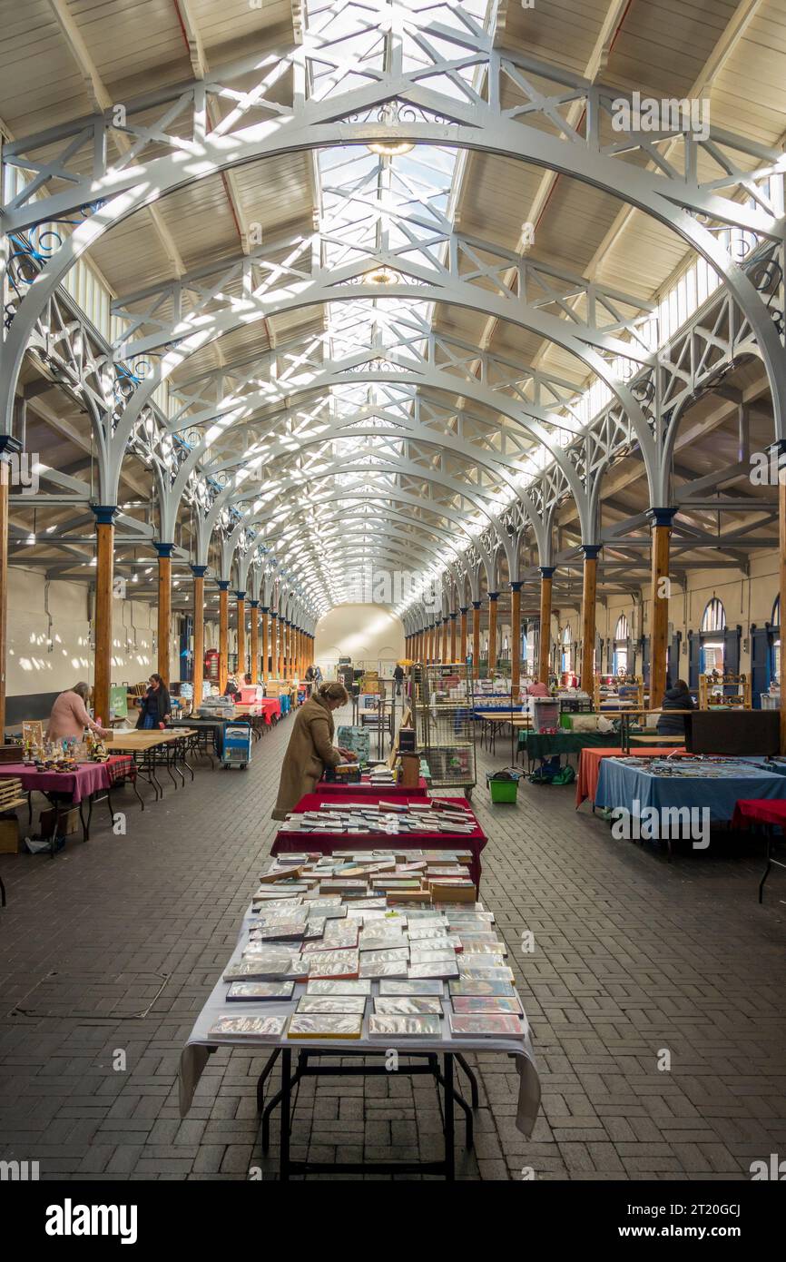 The interior of the covered Pannier Market, Barnstaple, Devon. It was ...